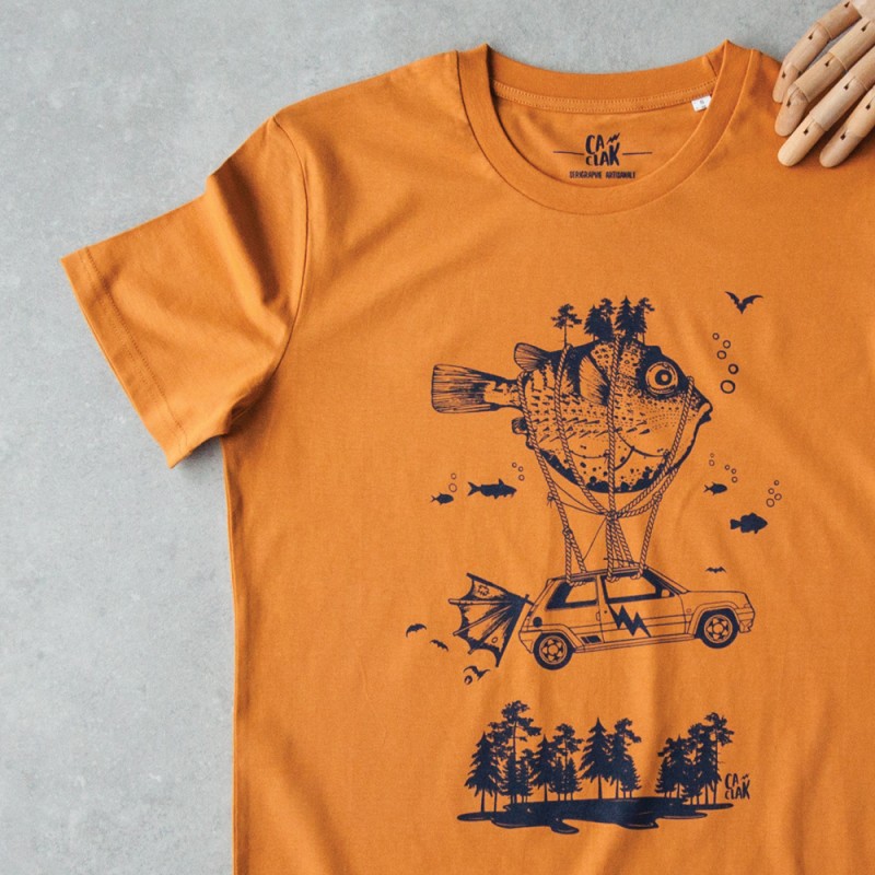 T-shirt manches courtes pour homme et femme en coton bio orange motif ...